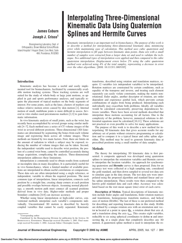 Interpolating Three-Dimensional Kinematic Data Using Quaternion Splines ... Interpolating Three-Dimensional Kinematic Data Using Quaternion Splines ...