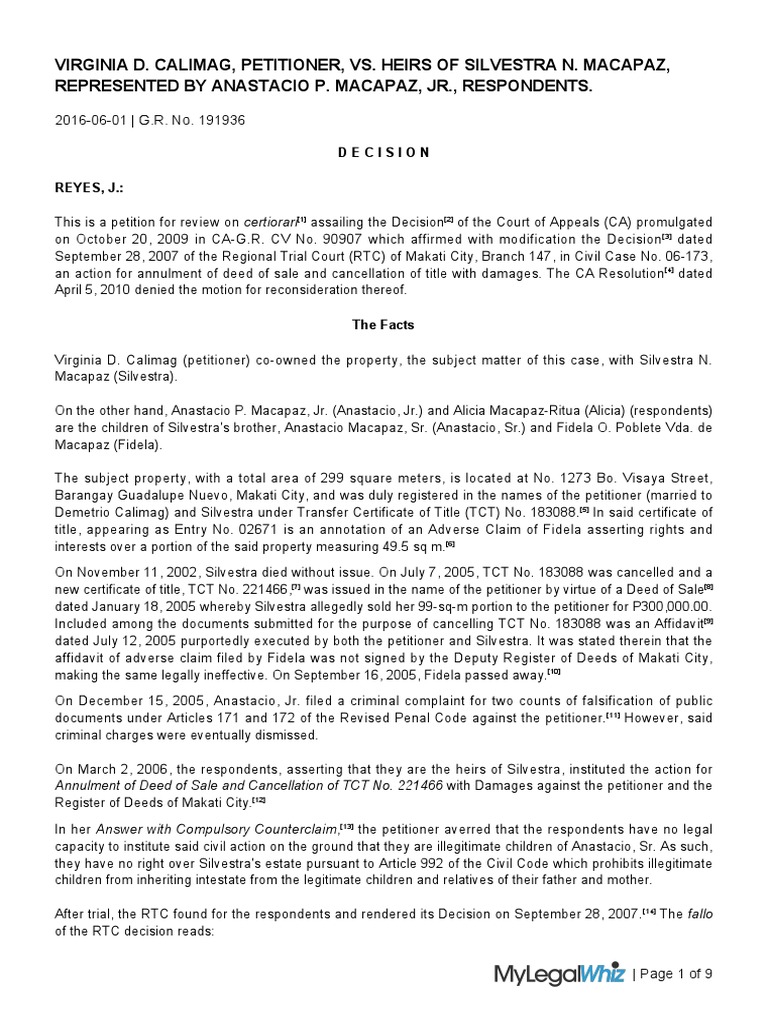 Virginia D. Calimag vs. Macapaz Heirs Case | PDF | Birth Certificate ...