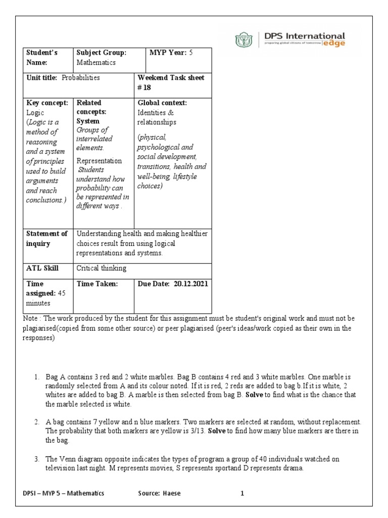 Math Task Sheet 19 MYP 5 | PDF | Logic | Thought