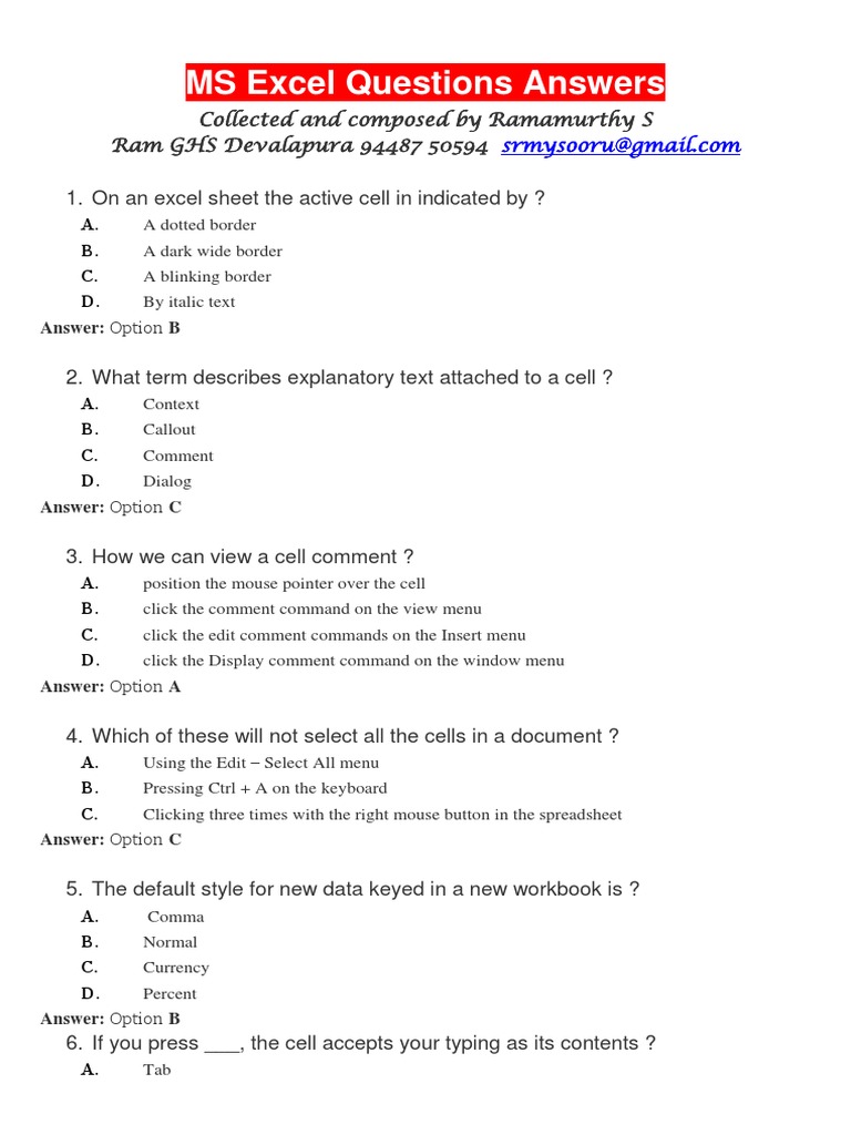 MS Excel Questions Answers Compilation | PDF | Microsoft Excel | Spreadsheet