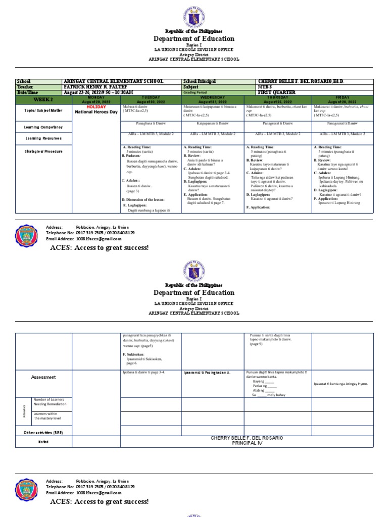 2022 2023 DLL MTB Q1 W2 | PDF | Learning | Philippines
