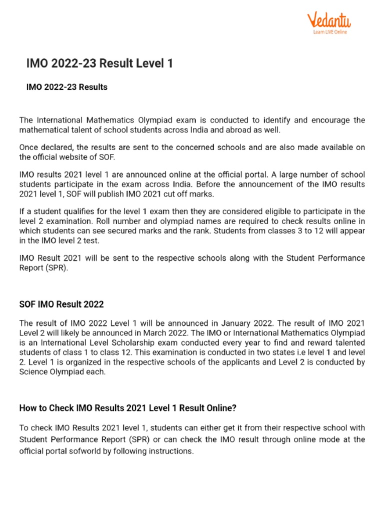 Imo 2022 23 Result Level 1 Pdf