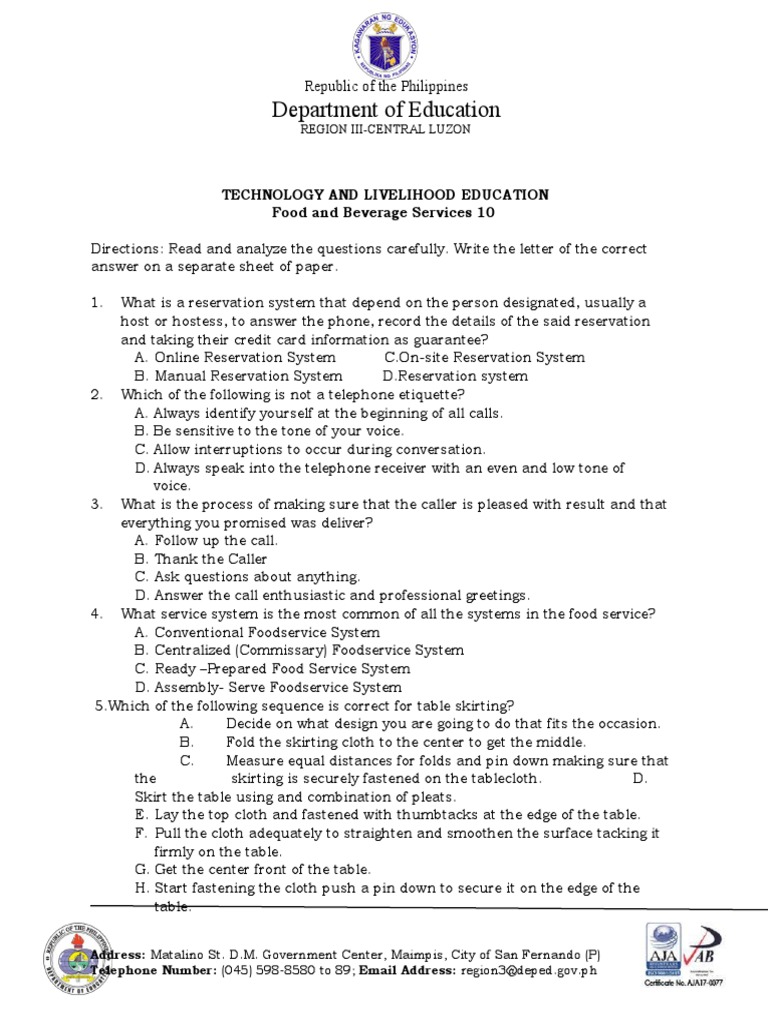 Ro3 Domeyc Tle10fbs Test Items | PDF | Waiting Staff | Menu