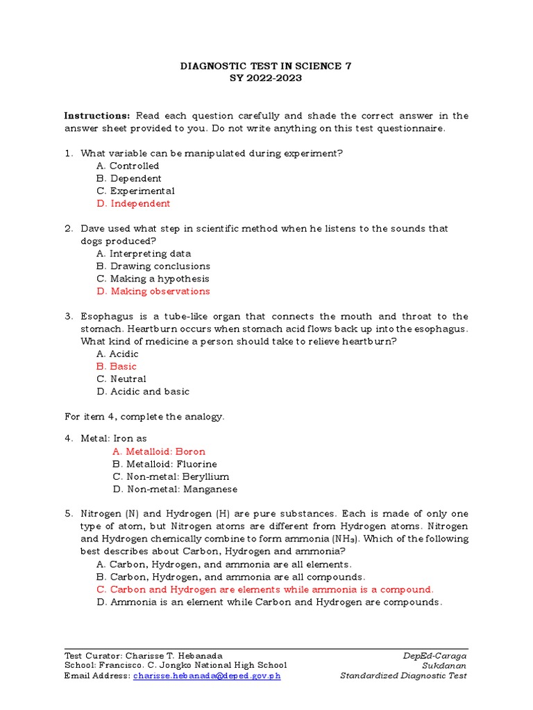 S7 Diagnostic Answer Key | PDF | Atmosphere Of Earth | Mixture