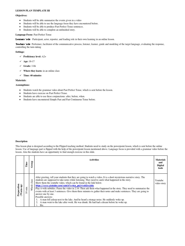 Flipped Classroom Past Perfect Tense Lesson Plan Part II | PDF | Lesson ...