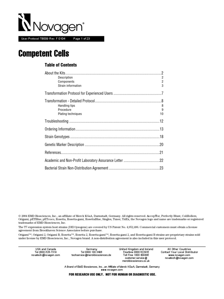 Competent Cells Novagen Detailed | PDF | Transformation (Genetics ...