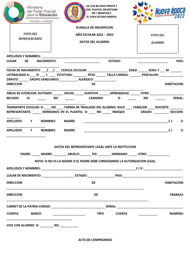 Formato Planilla de Inscripcion Escuela 2022 2023 | PDF