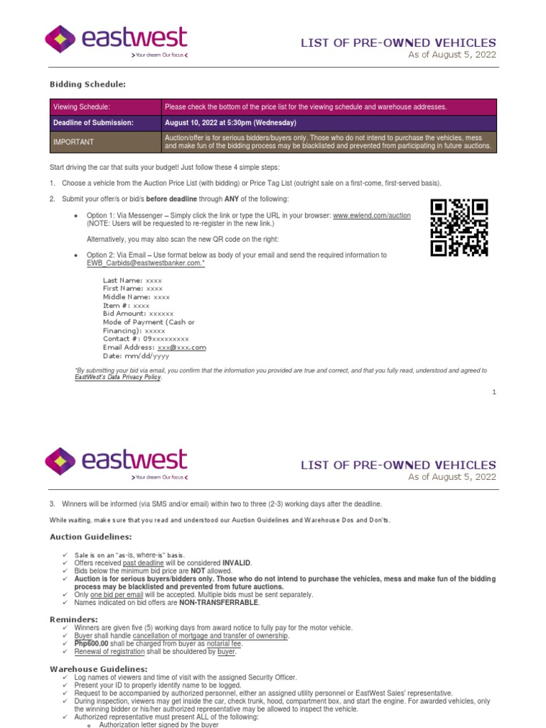 Pre-Owned Vehicle Auction List | PDF | Auction | Motor Vehicle ...