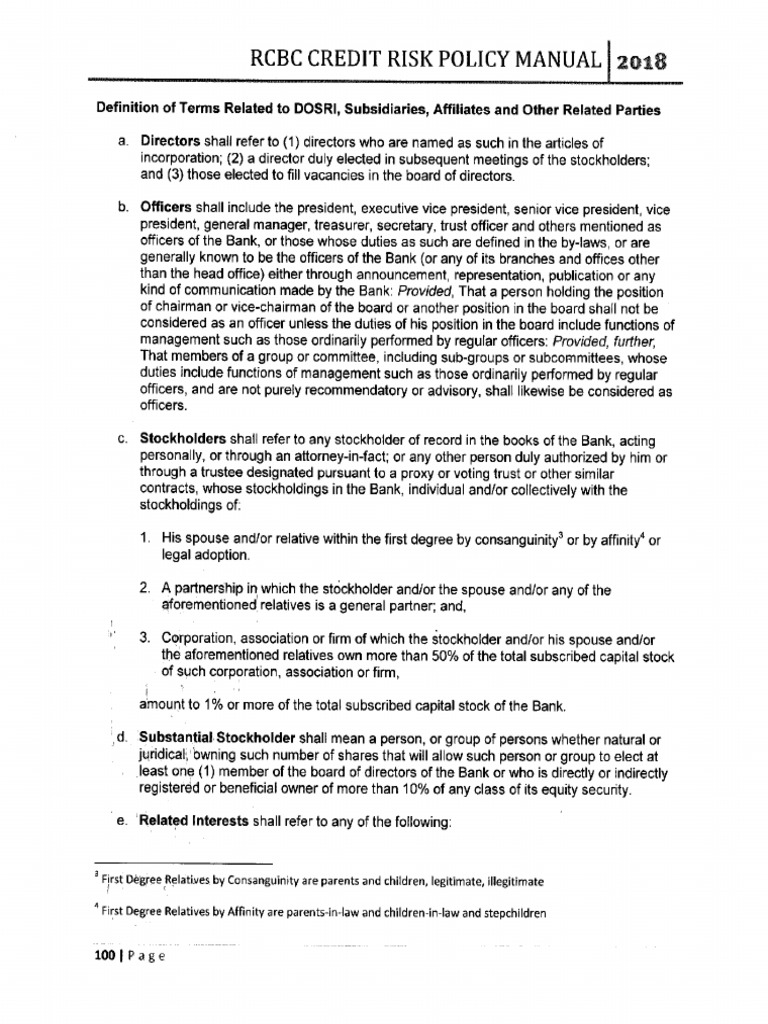 Definition of Terms Related To DOSRI, Subsidiaries, Affiliates and ...
