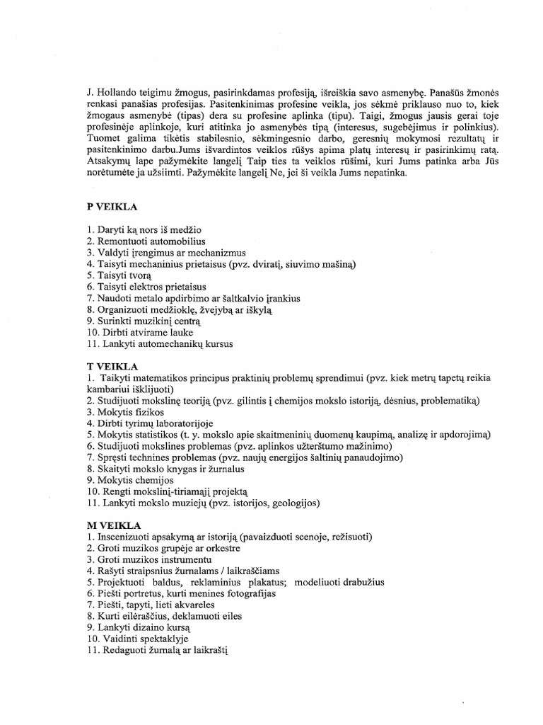 J. Holland'o Profesijos Pasirinkimo Testas (Klientui) | PDF