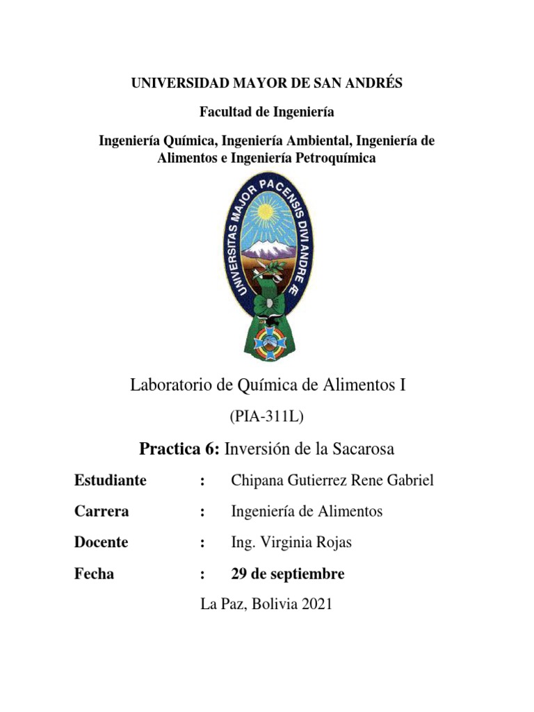 Laboratorio 6 - Inversion de La Sacarosa - Chipana Gutierrez Rene ...