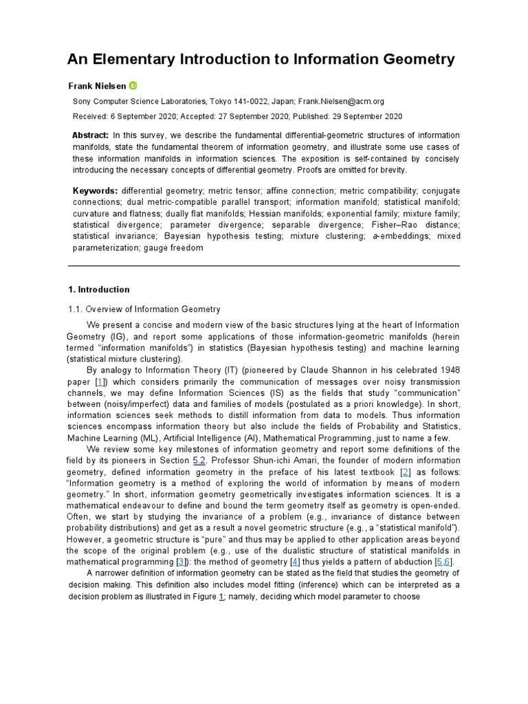 An Elementary Introduction To Information Geometry | PDF | Differentiable Manifold ...