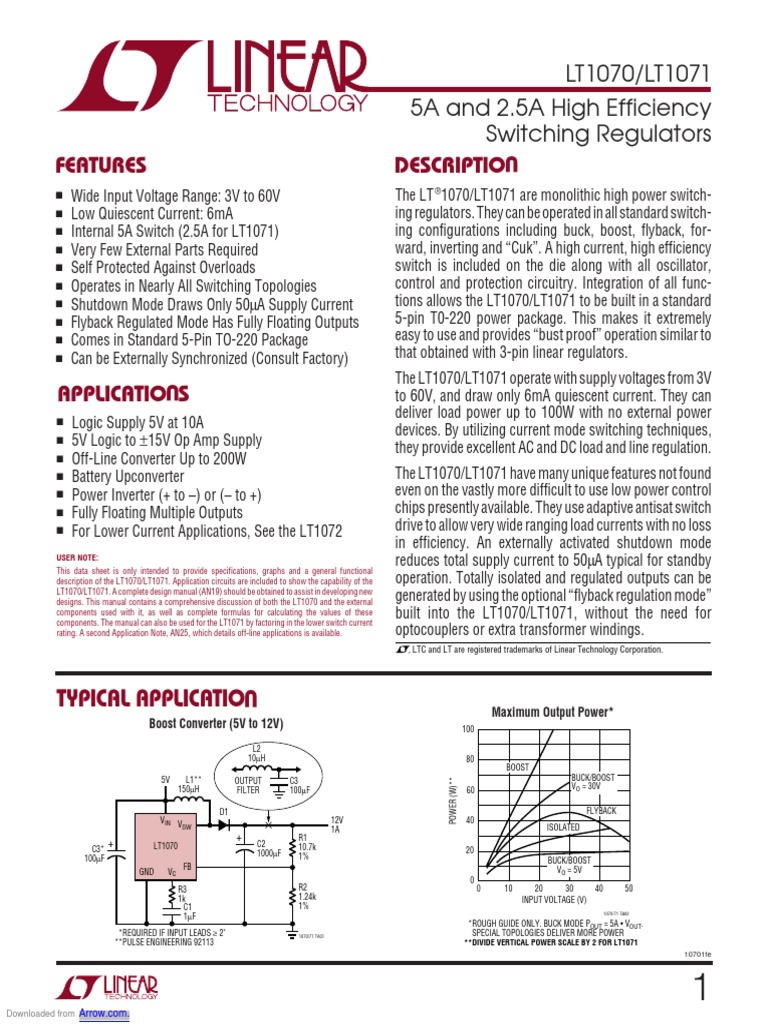 Features Descriptio: LT1070/LT1071 5A and 2.5A High Efficiency ...