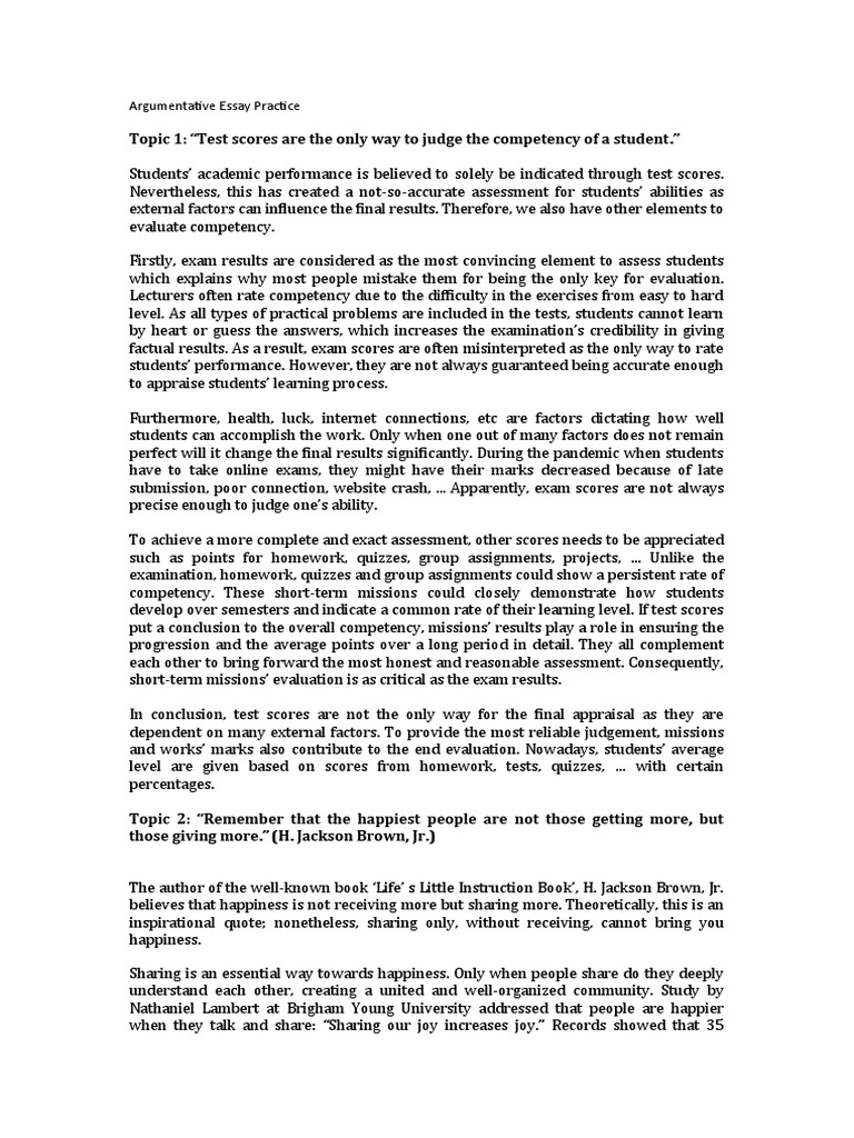 Argumentative Essay Practice | PDF | Test (Assessment) | Happiness