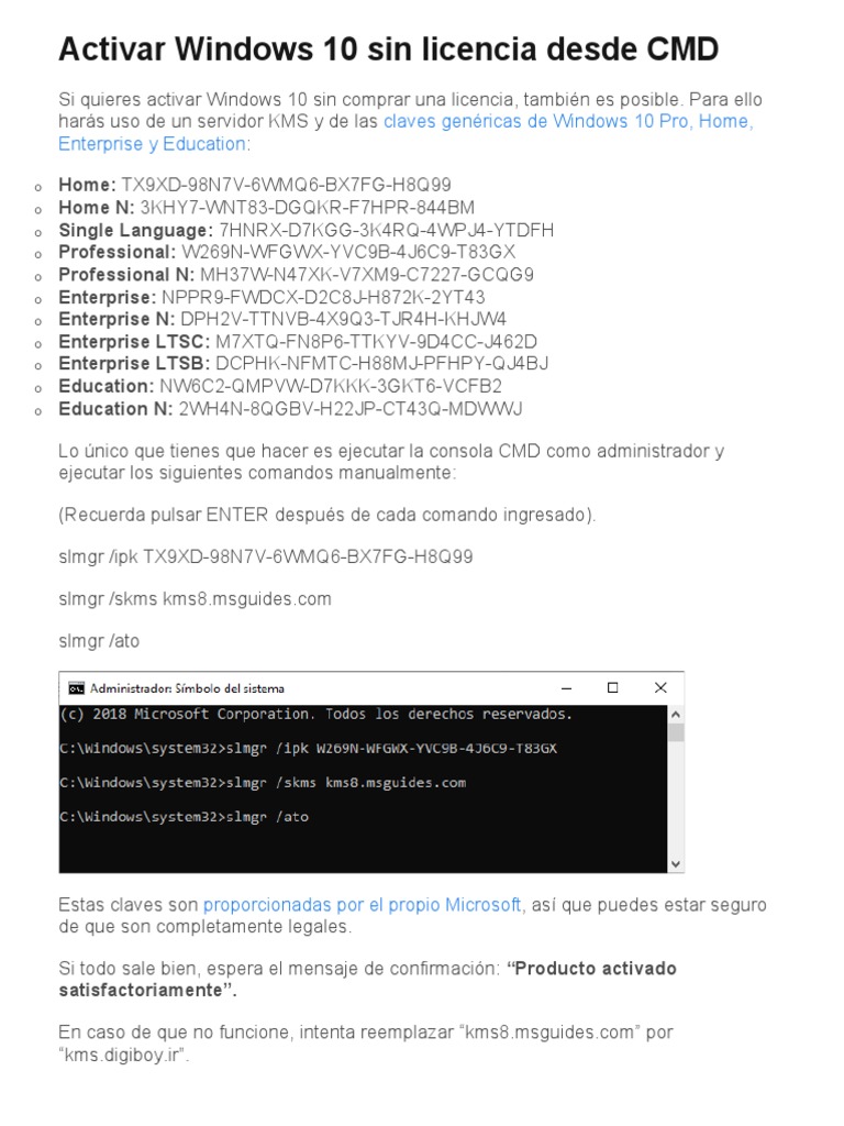 Activar Windows 10 Sin Licencia Desde CMD | PDF