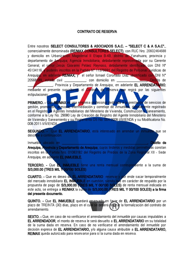 Contrato de Reserva de Alquiler | PDF