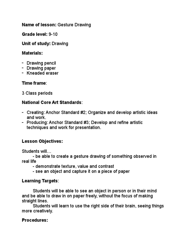2d Lesson Plan - Gesture Drawing | PDF | Drawing | Learning