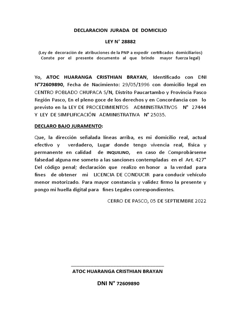 Declaracion Jurada de Domicilio | PDF