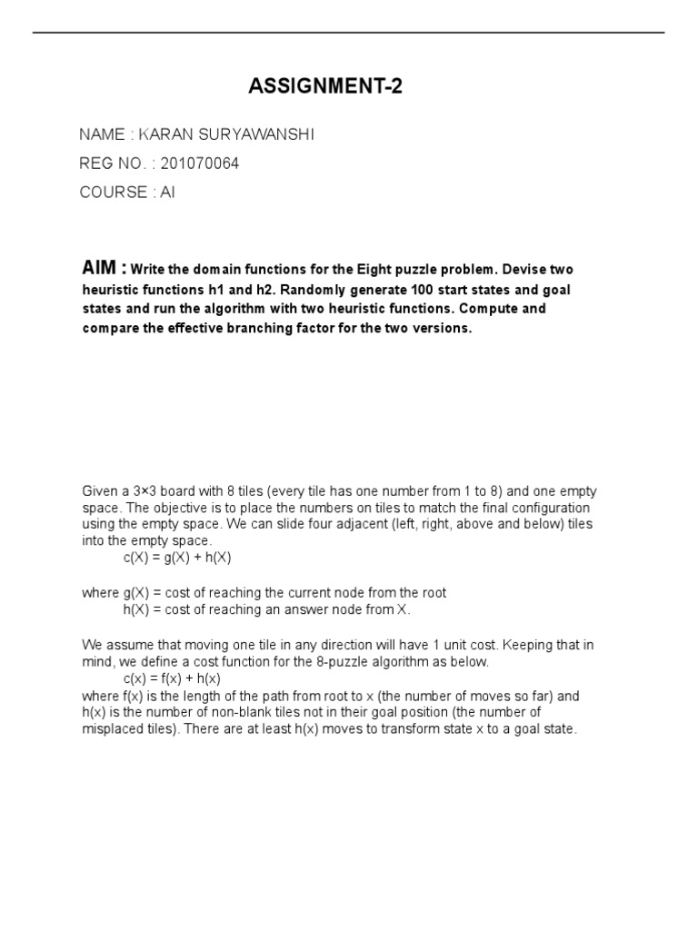 Eight Puzzle Problem Heuristics Comparison | PDF | Applied Mathematics | Theoretical Computer ...