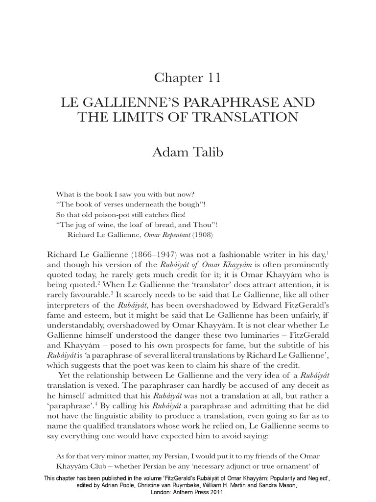 LE GALLIENNE'S PARAPHRASE AND THE LIMITS OF TRANSLATION, Adam Talib ...