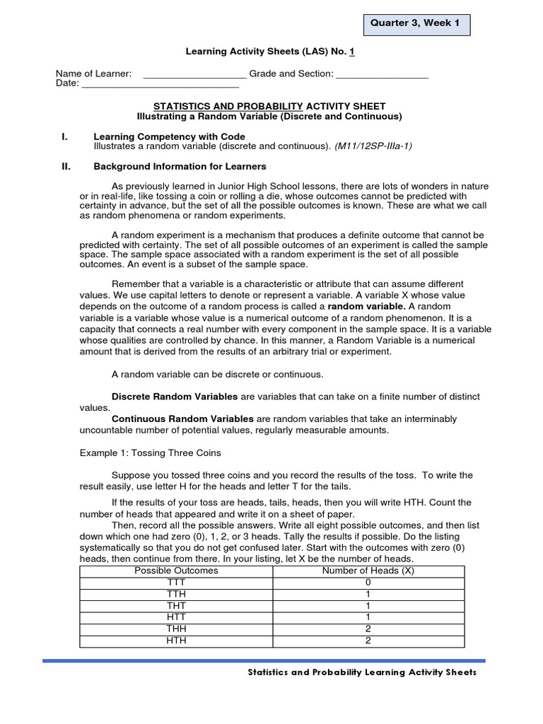 Learning Activity Sheets | PDF | Probability Distribution | Random Variable