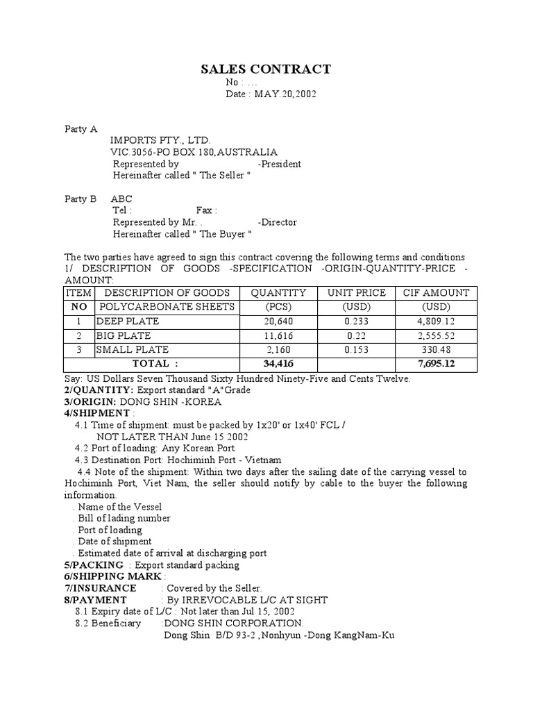 Sales Contract (F) | PDF | Trade | Business