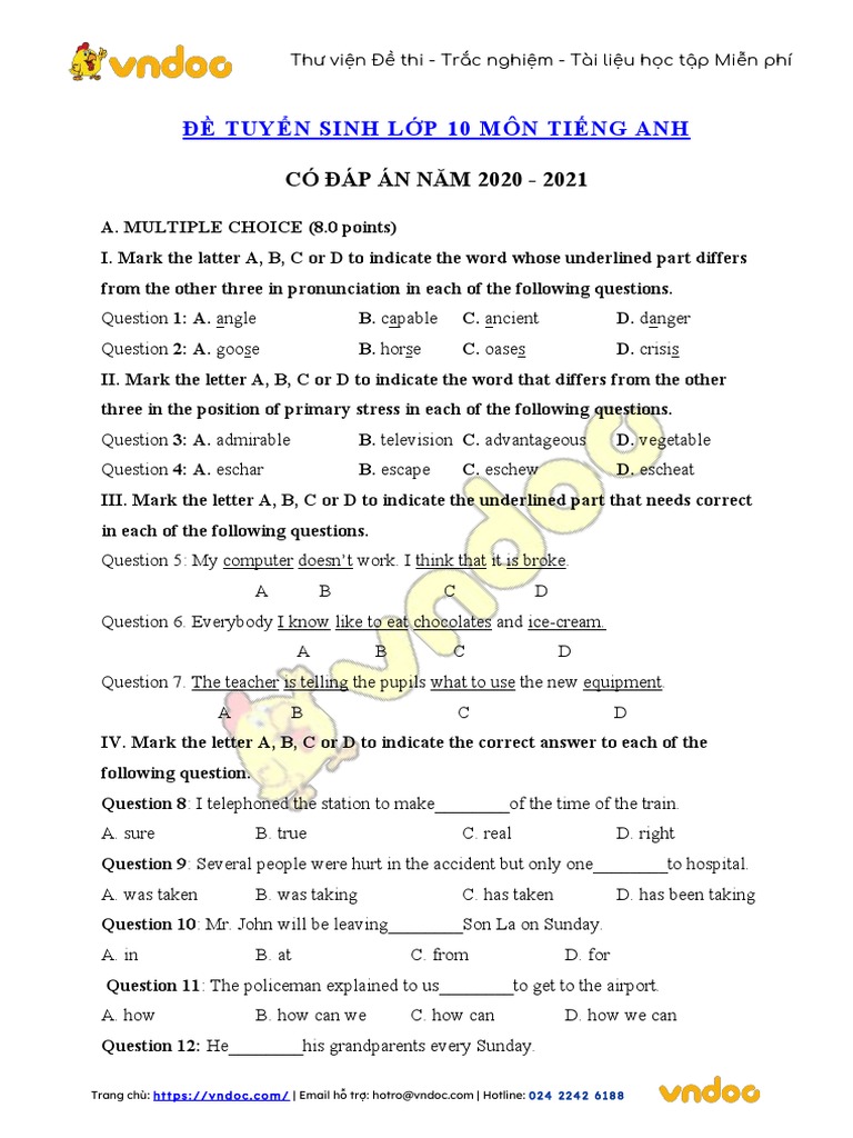 De On Thi Vao Lop 10 Mon Tieng Anh Nam 2020 2021 So 2 | PDF | Adolescence