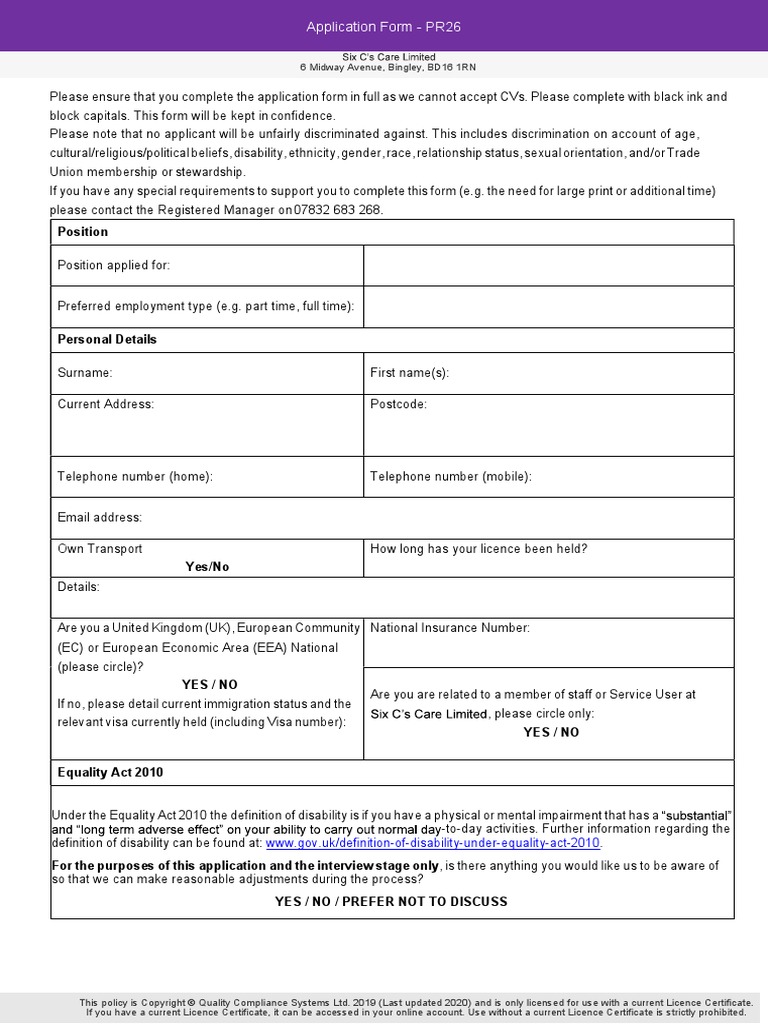 Six Cs Care Application Form Version1 | PDF | Disability | Discrimination