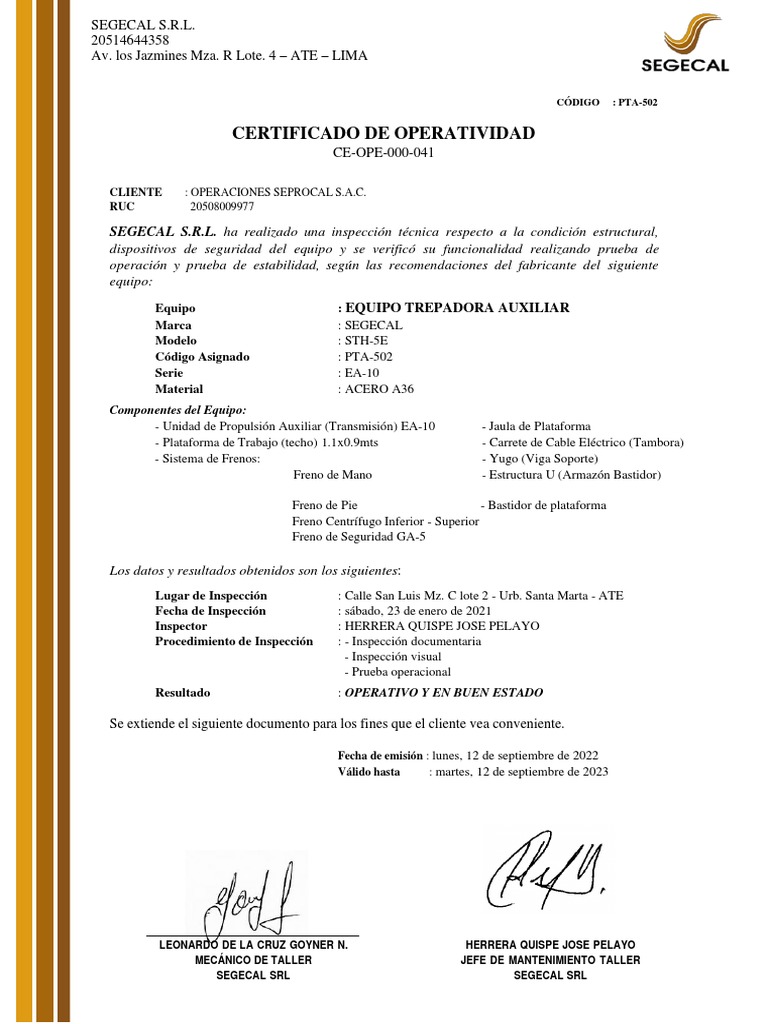 Certificado de Operatividad Equipos | PDF | Vehículos