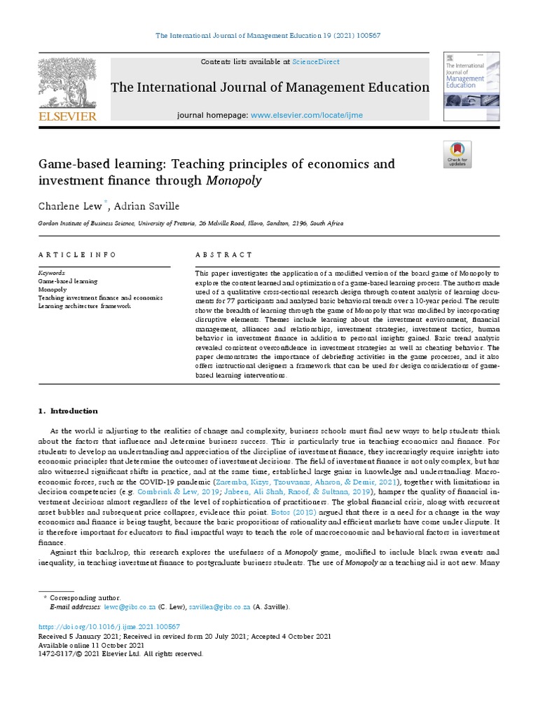 Game-Based Learning. Teaching Principles of Economics and Investment ...