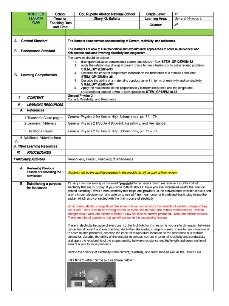 Modified Lesson Plan: I. Content | PDF | Electrical Resistivity And ...