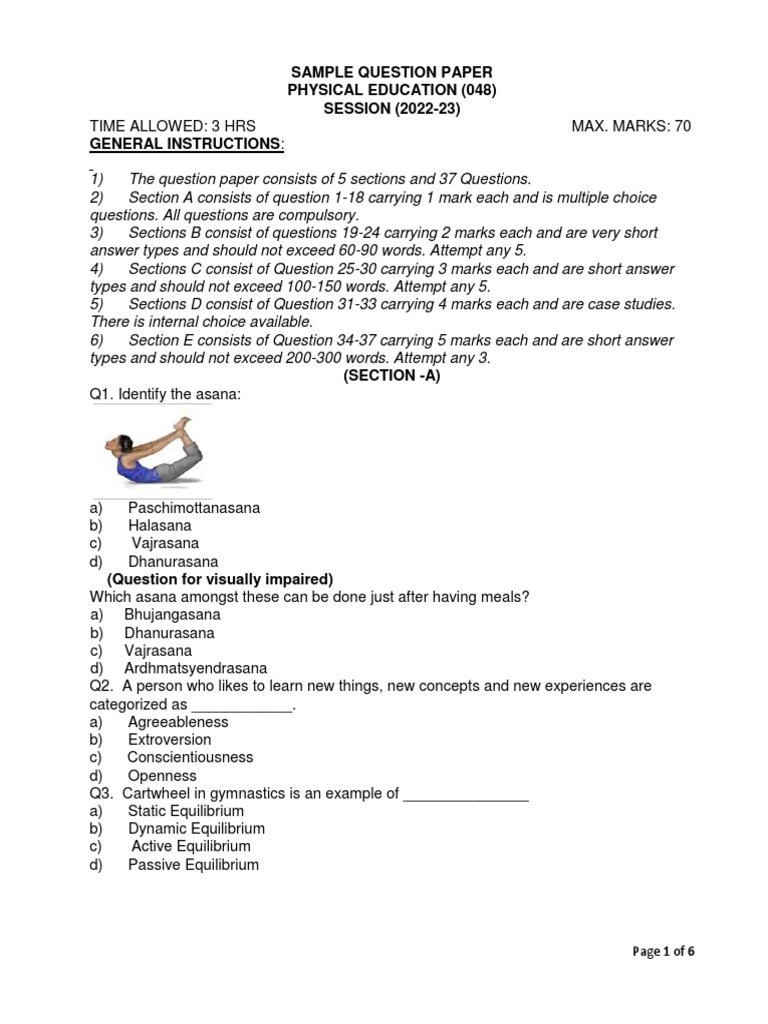 Sample Question Paper Physical Education (048) SESSION (2022-23 ...