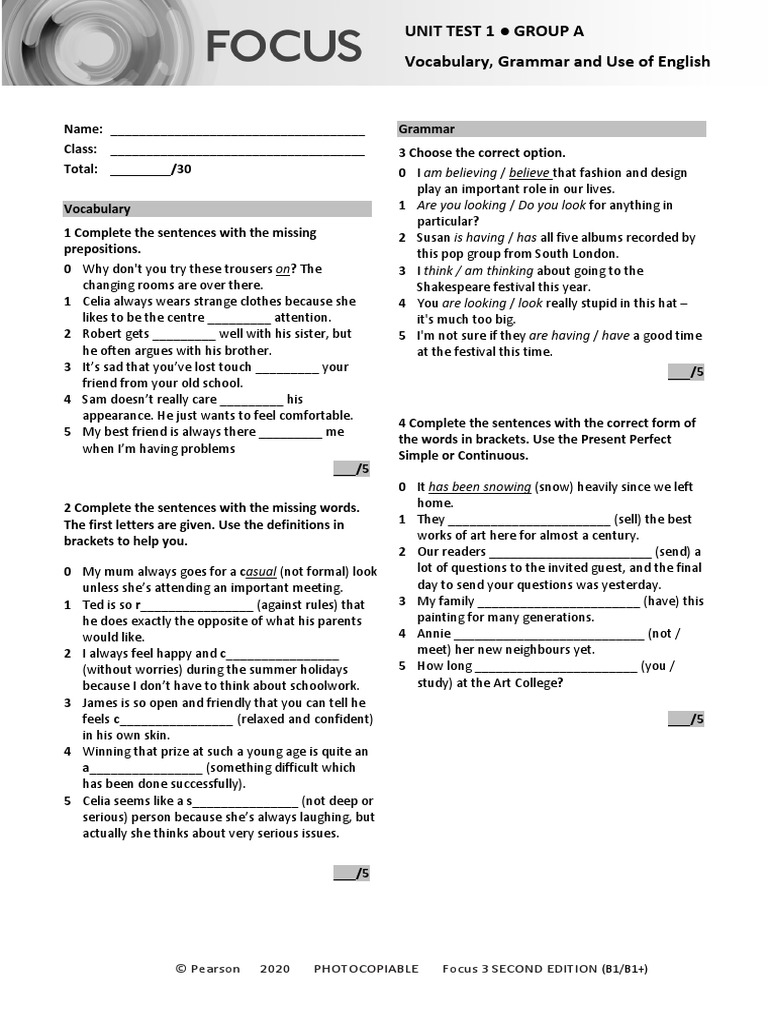 Focus3 2E Unit Test Vocabulary Grammar UoE Unit1 GroupA | PDF