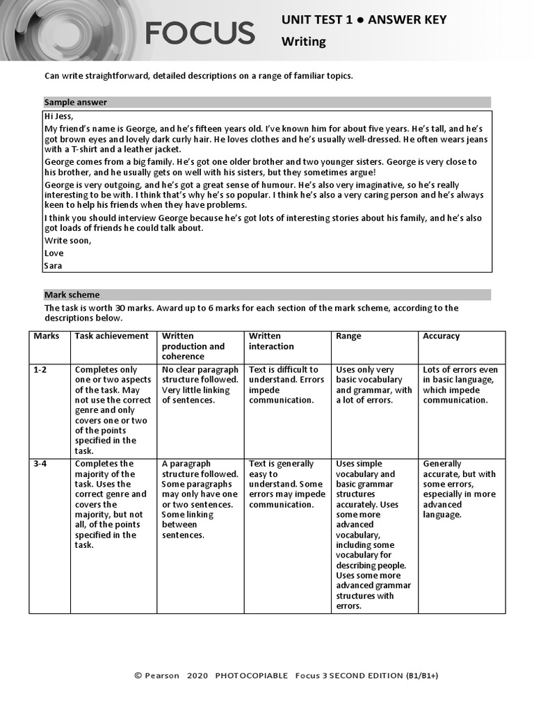 Focus3 2E Unit Test Writing Unit1 ANSWERS | PDF | Vocabulary ...