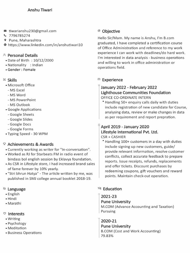 Tiwari Anshu Resume (CV) | PDF