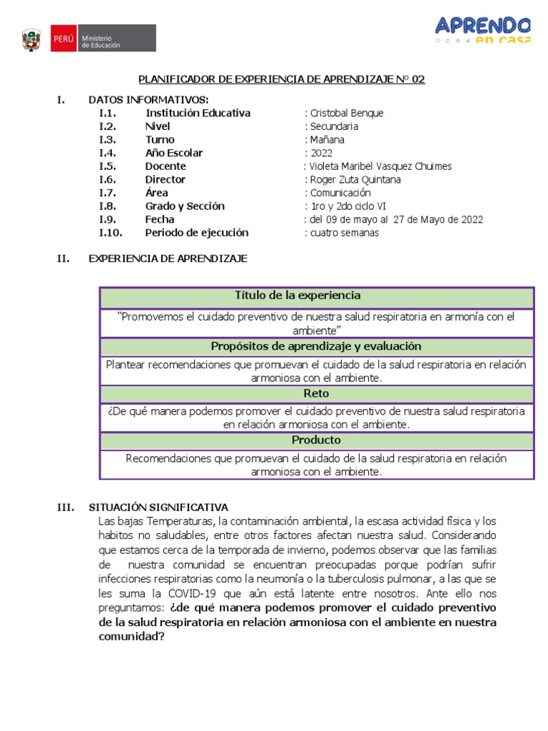1 y 2 Planificador de La Segunda Experiencia de Aprendizaje | PDF | Aprendizaje | Evaluación
