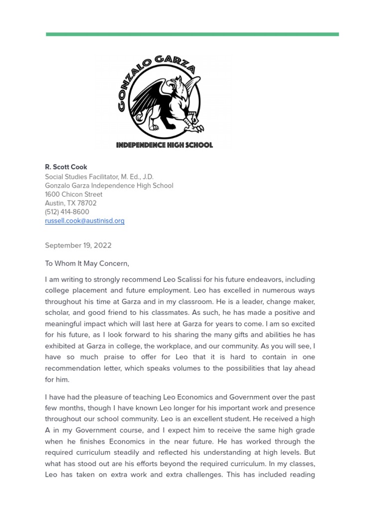 Student Copy of Leo Scalissi Recommendation Letter | PDF | Teachers ...