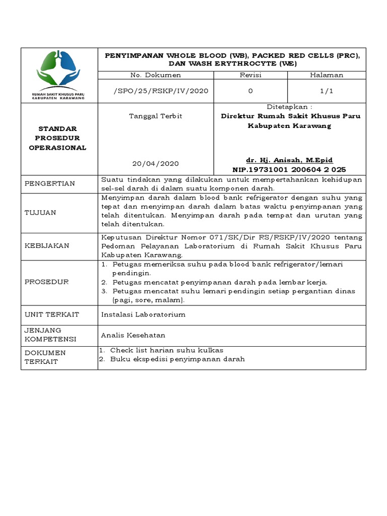 Spo Penyimpanan Whole Blood (WB), Packed Red Cells (PRC), Dan Wash ...