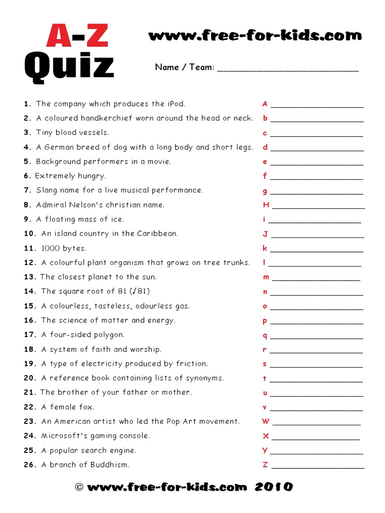 Childrens A To Z Quiz For Age 11, Age 12 and Teenagers | PDF