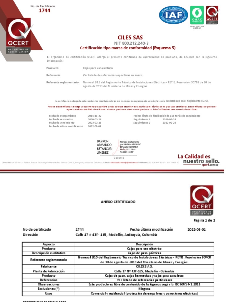 Certificado Cajas-Tapas Ciles | PDF