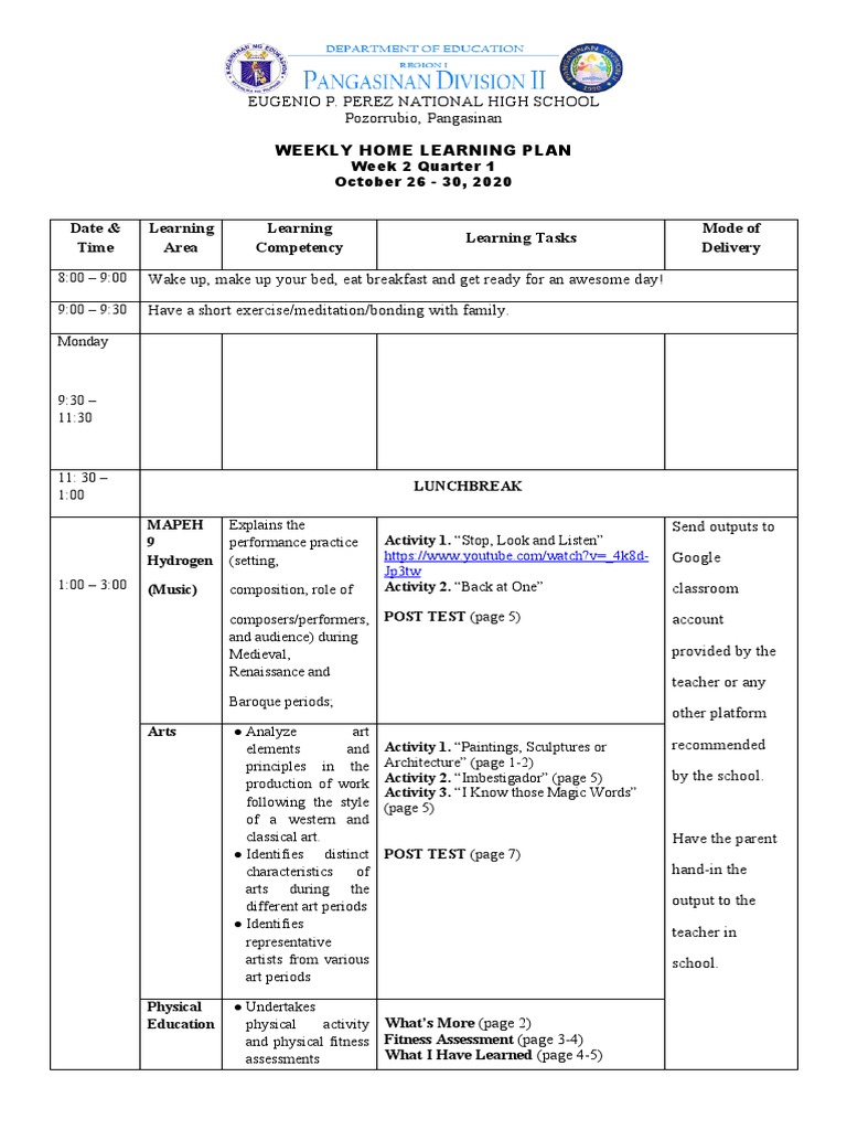 JKVM WEEKLY HOME LEARNING PLAN Week 2 (Oct. 26 - 30) | PDF | Teachers