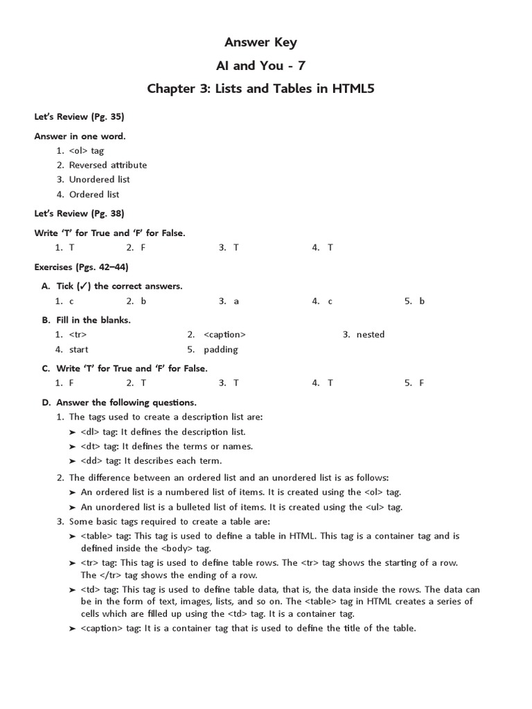 Answer Key AI and You - 7 Chapter 3: Lists and Tables in HTML5 | PDF ...