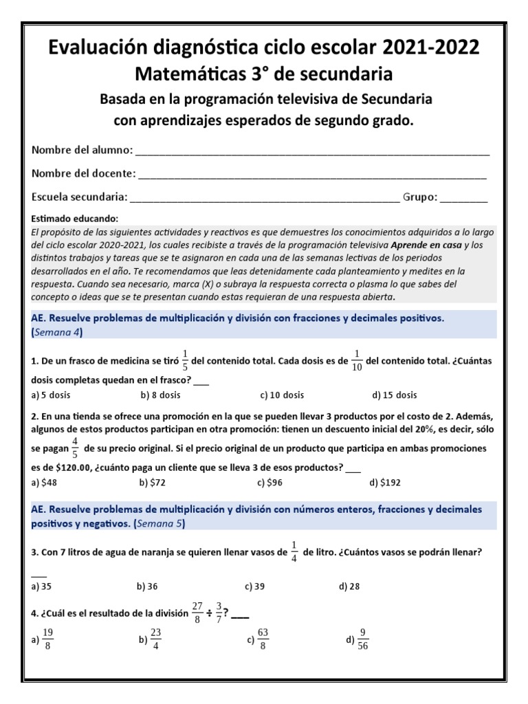 Diagnóstico Matemáticas 3° Alumno Pdf Matemática Elemental 0176