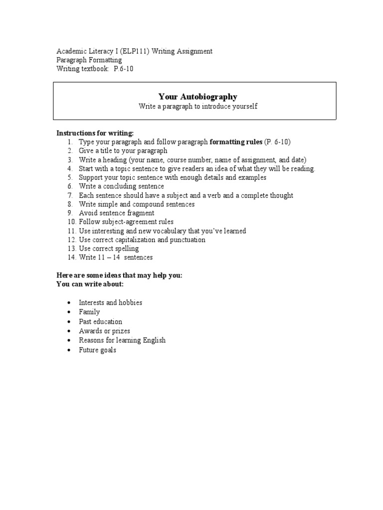 Introduce Yourself - Your Autobiography | PDF | Paragraph | Cognition