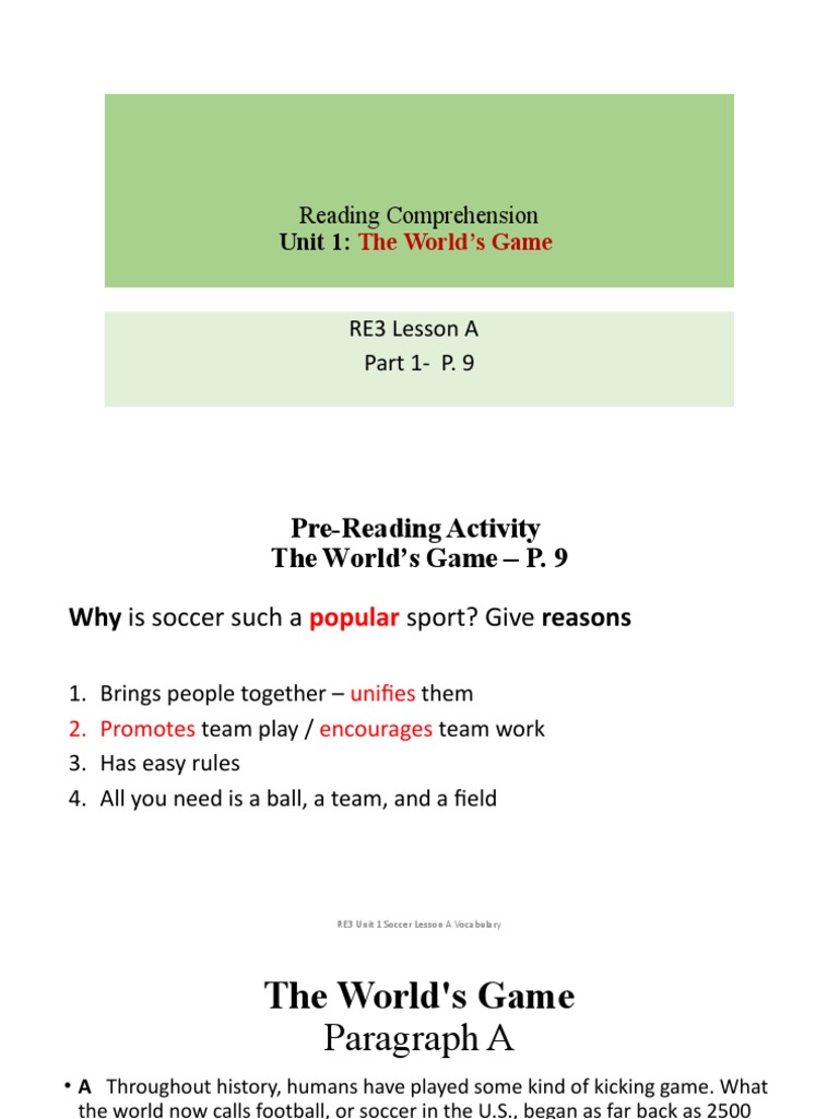 RE3 Lesson A The World Game Reading Comprehension Part 1 | PDF | Association Football | Sports