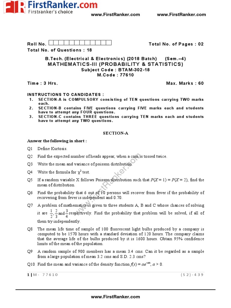 Mathematics-Iii (Probability & Statistics) : Inst Ruct Ions T O ...