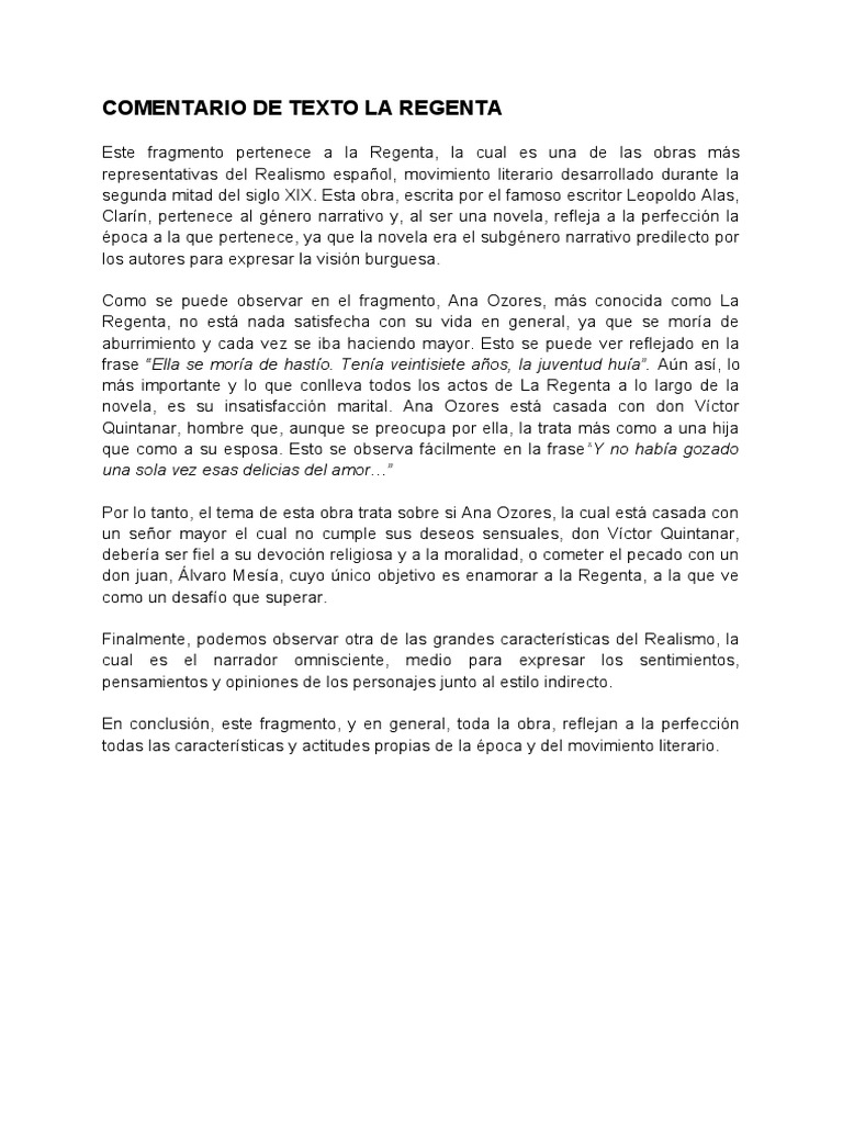 Comentario de Texto La Regenta | PDF