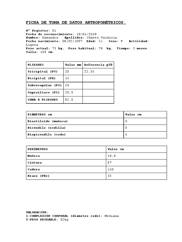 Ficha de Toma de Datos Antropométricos | PDF | Obesidad | Peso