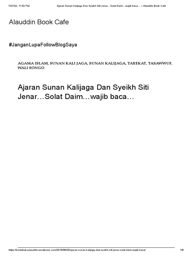 Ajaran Sunan Kalijaga Dan Syeikh Siti Jenar Solat Daim Wajib Baca - Alauddin Book Cafe | PDF ...