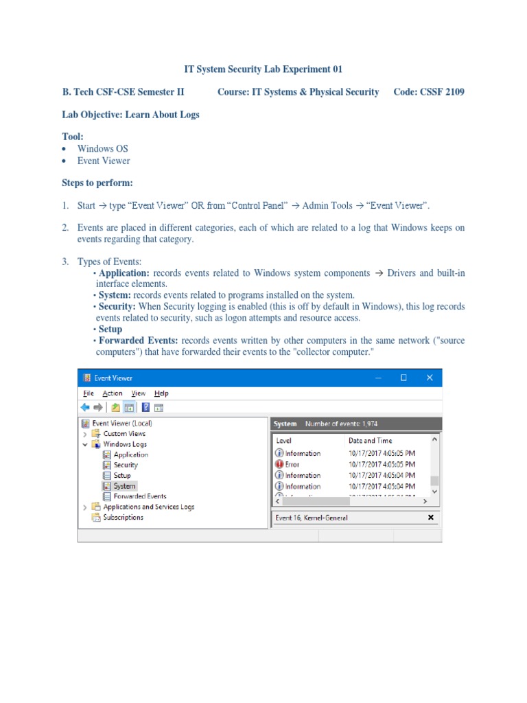 Lab Experiment #01 - System Event Logs | PDF | Microsoft Windows | Security
